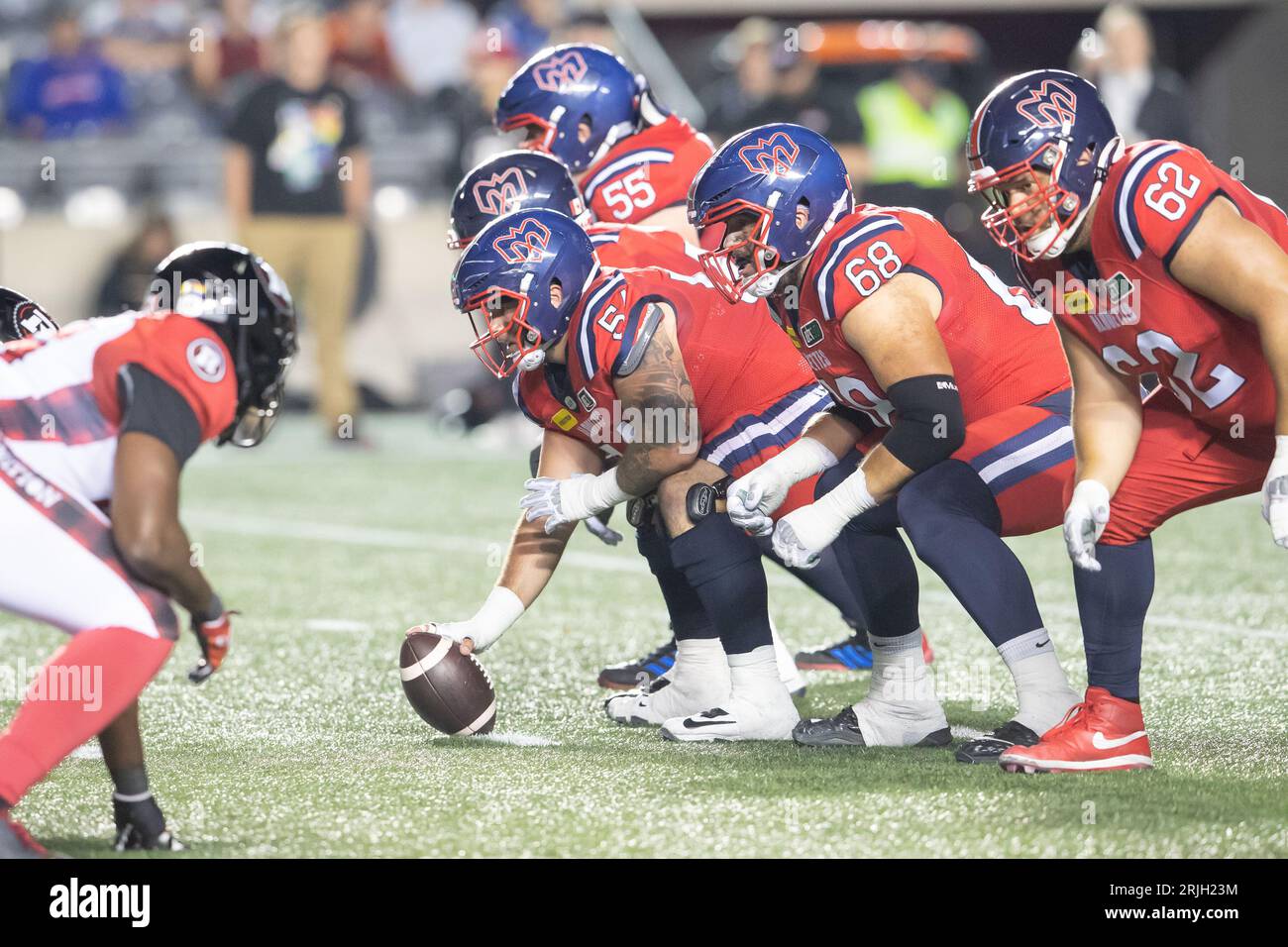 August 19, 2023: Montreal Alouettes offensive line during the CFL game ...