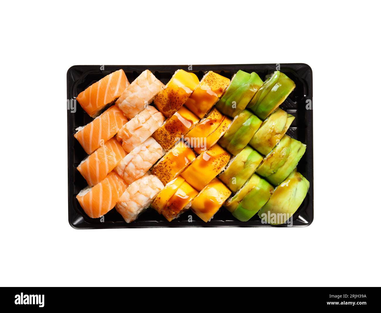 A set of bright multi-colored sushi rolls with shrimp, salmon, eel ...