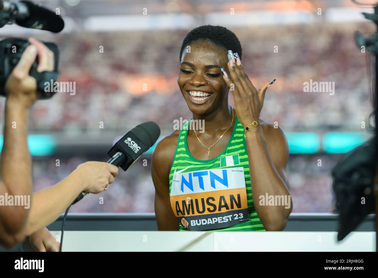 Tobi Amusan (Nigeria) giving an interview to CBC Sports during the ...