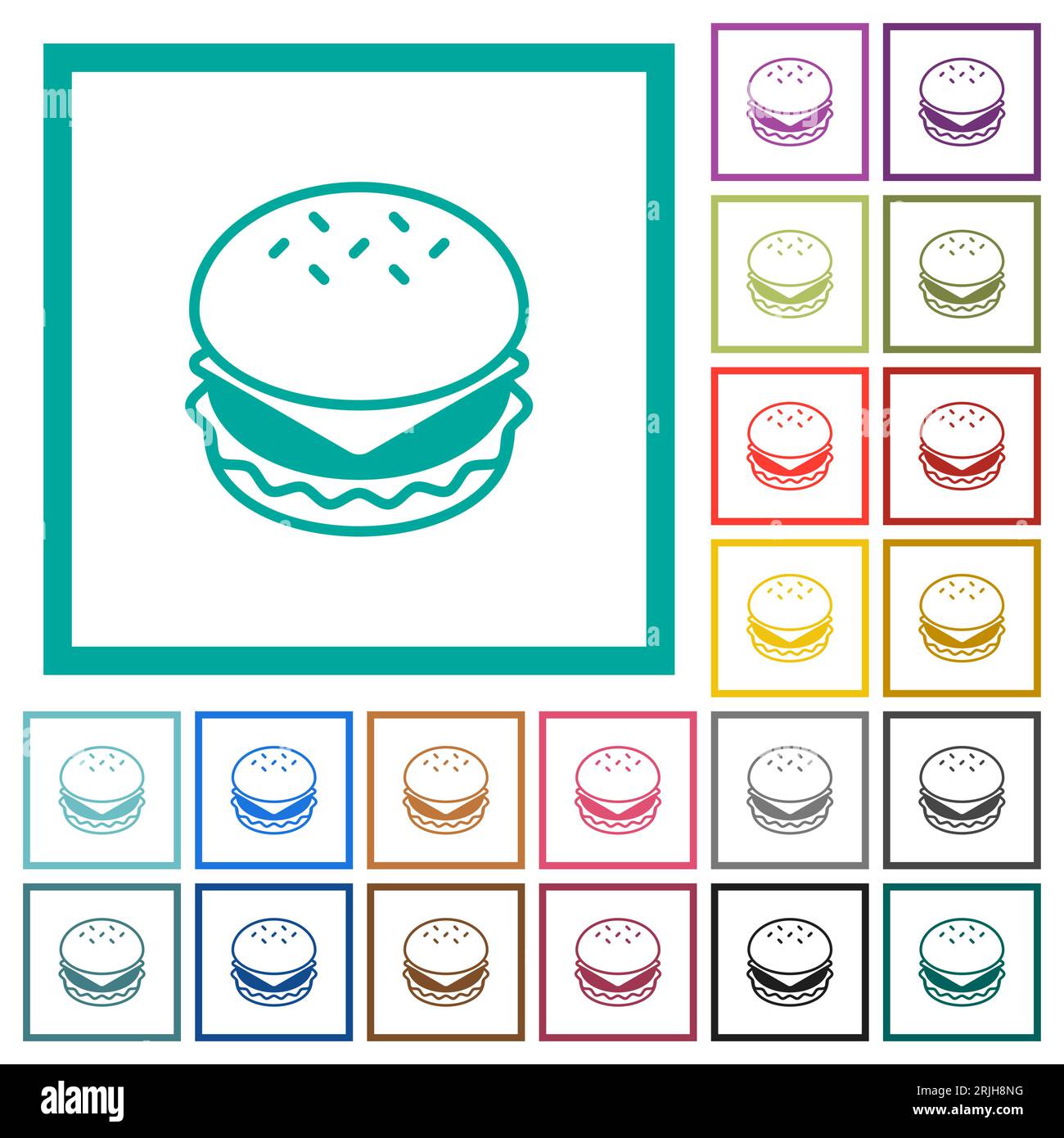 Cheeseburger flat color icons with quadrant frames on white background ...