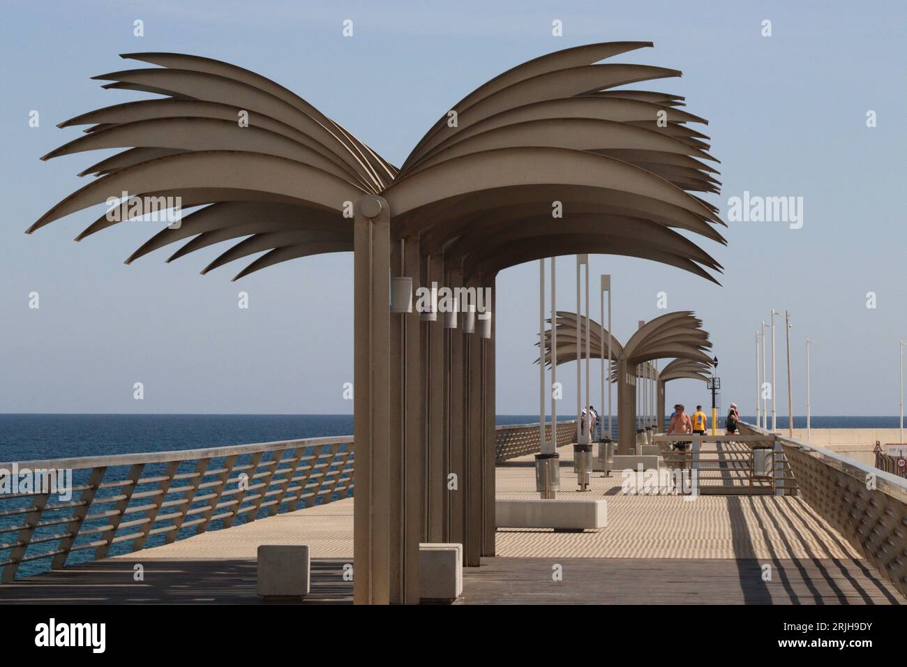 Three groups of architectural stainless steel palm trees line the ...