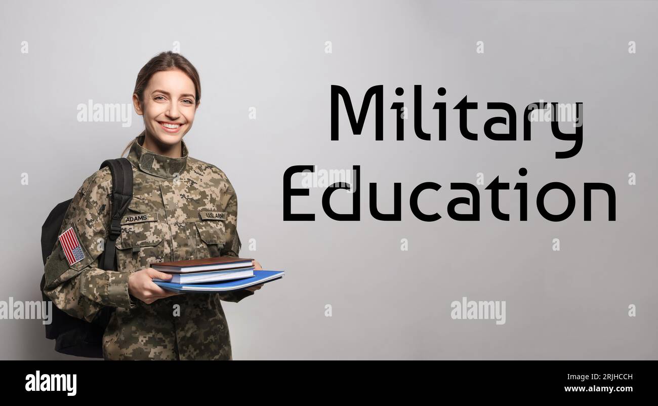 Military education. Cadet with backpack and notebooks on light grey ...