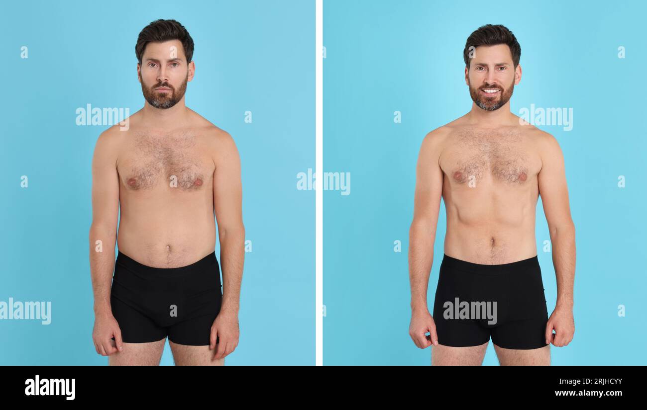 Collage with portraits of man before and after weight loss on light ...