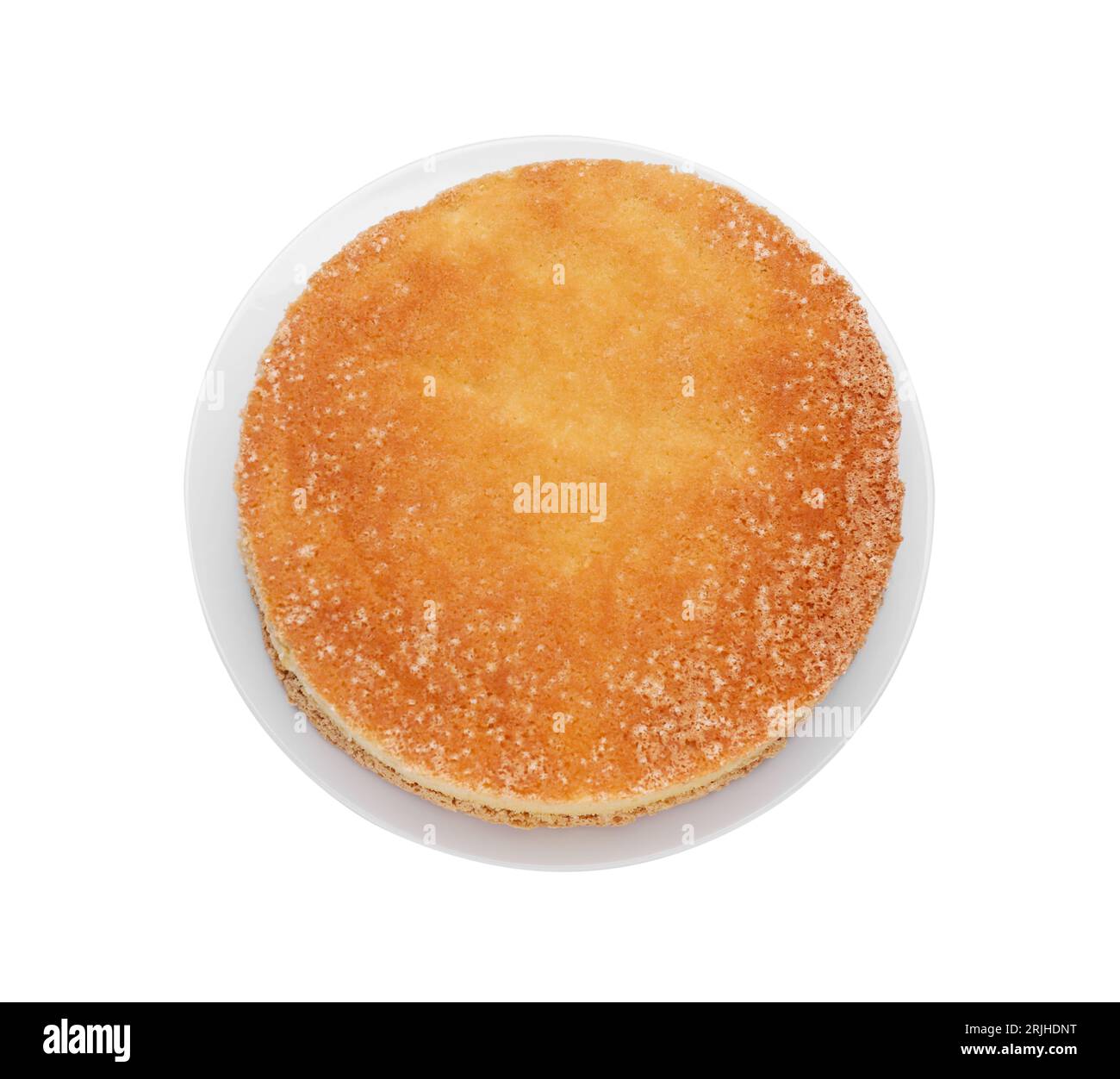 Plate with delicious sponge cake isolated on white, top view Stock ...