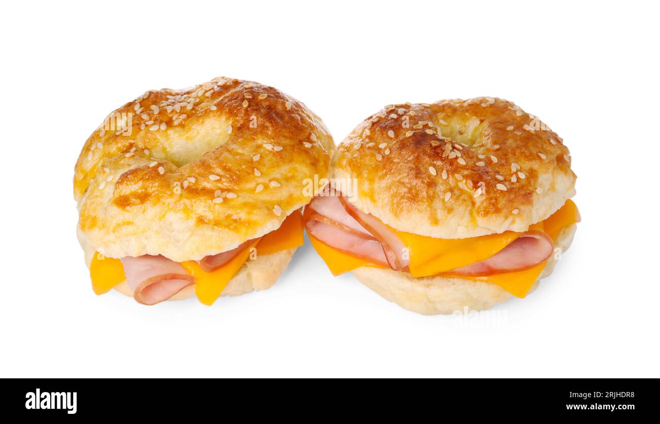 Delicious bagels with ham and cheese isolated on white Stock Photo - Alamy