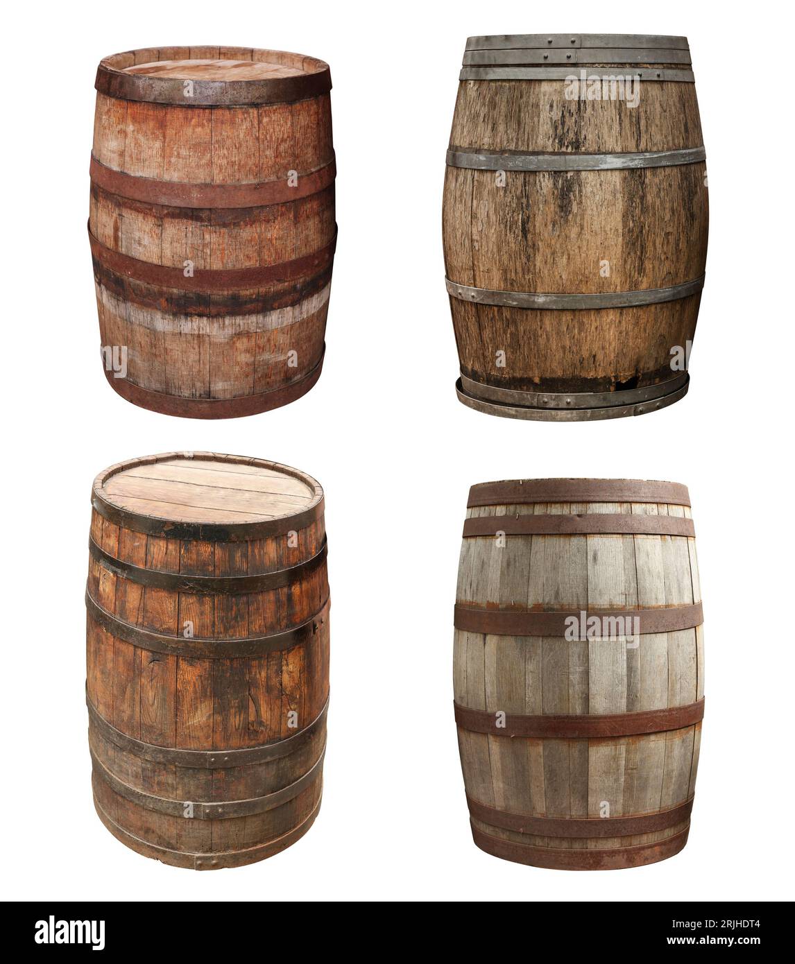 Set with different wooden barrels isolated on white Stock Photo - Alamy