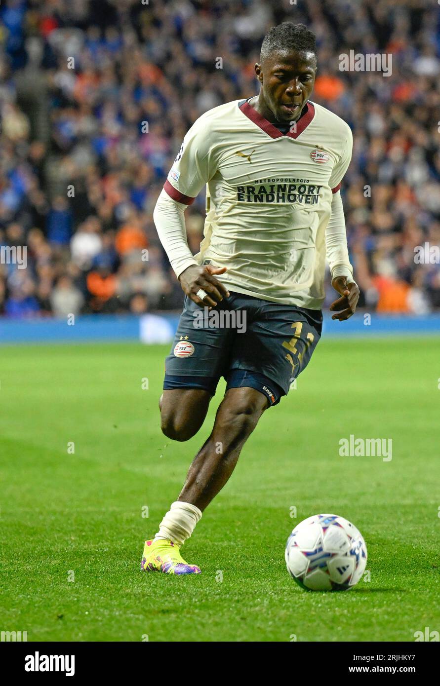 Glasgow, UK. 22nd Aug, 2023. Johan Bakayoko of PSV Eindhoven during the ...