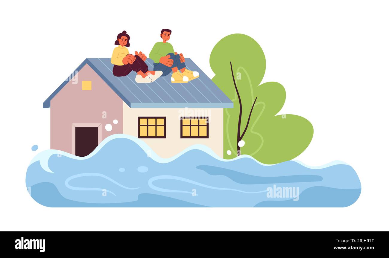 Scared people on flooded house roof flat concept vector spot ...