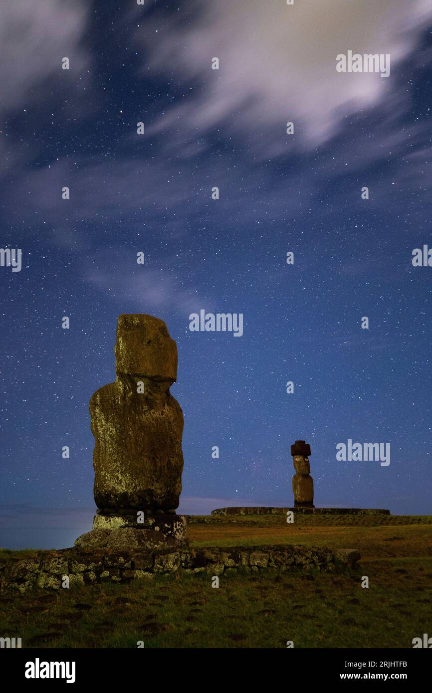 Moai statues and night sky, Easter Island Stock Photo - Alamy