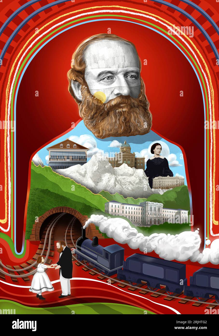 Swiss railway pioneer Alfred Escher, conceptual illustration Stock ...
