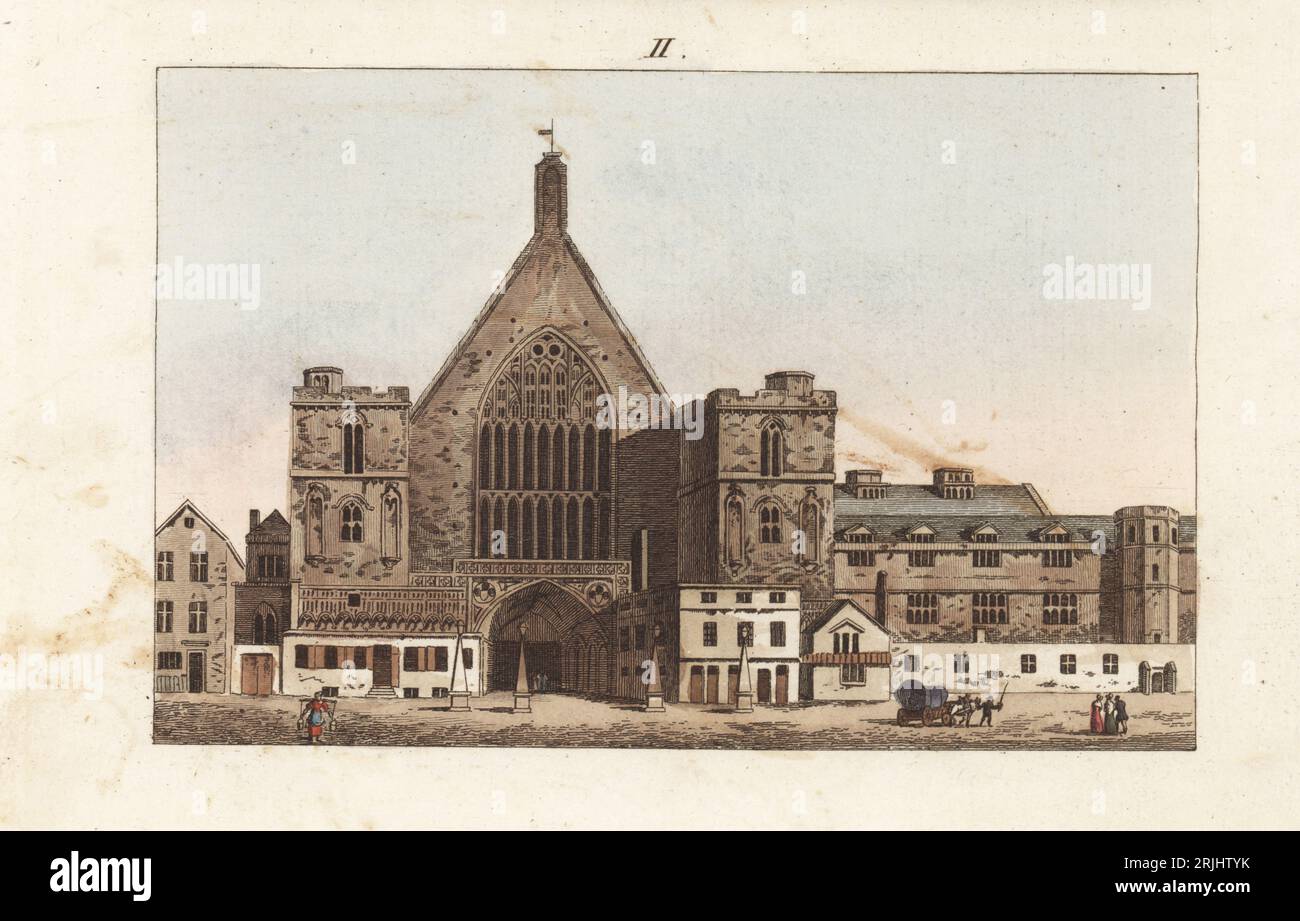 View of Westminster Hall, London. Arched entrance porch to the Gothic ...