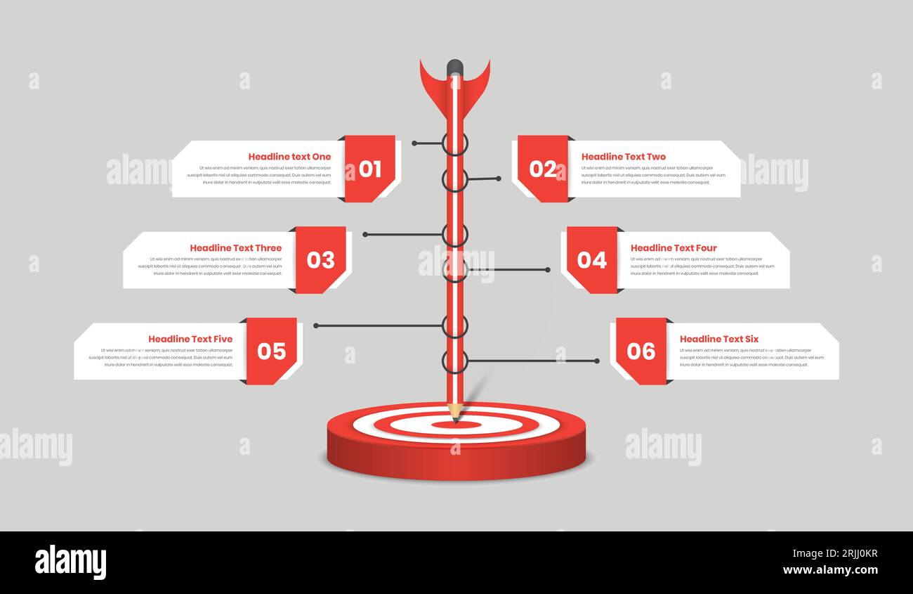 Six steps infographic template with a standing pencil on a circular ...