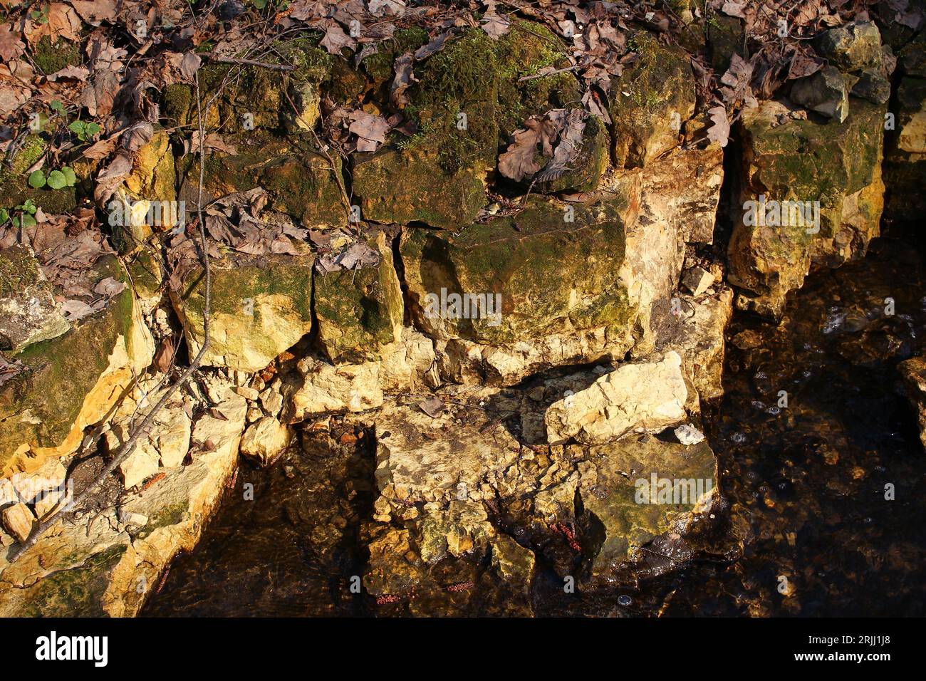 Outcrop of fractured layers of yellow marl on the river bank Stock ...