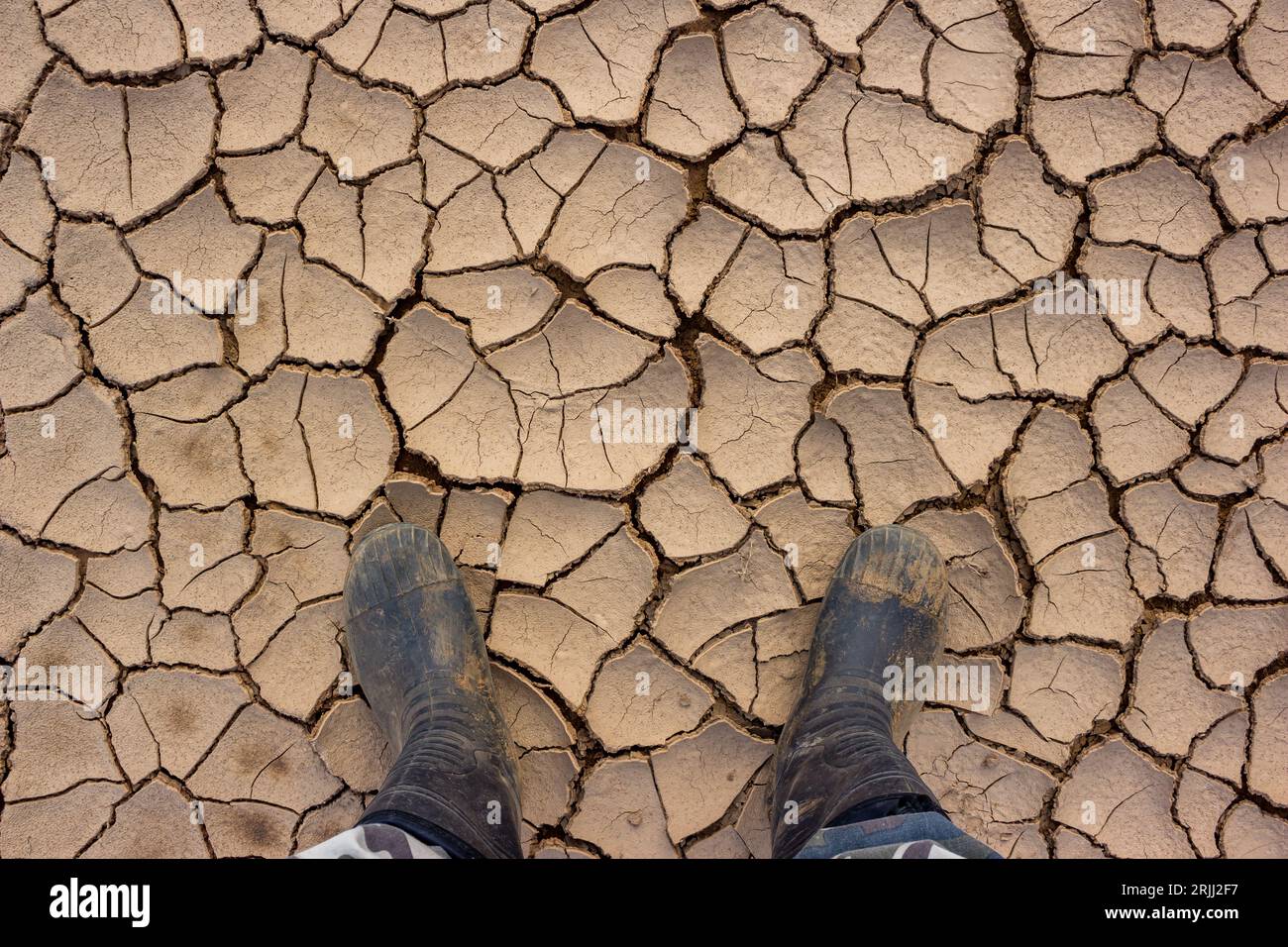 Walking in rubber boots on dry and sun-cracked silt Stock Photo - Alamy