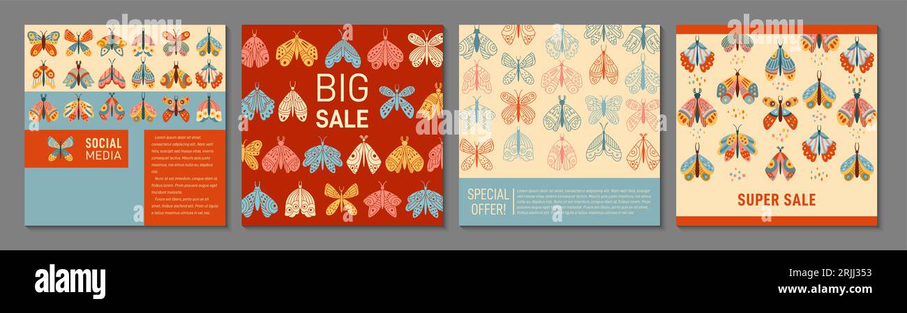 Butterfly moth cover or square card mystical boho design set. Retro ...