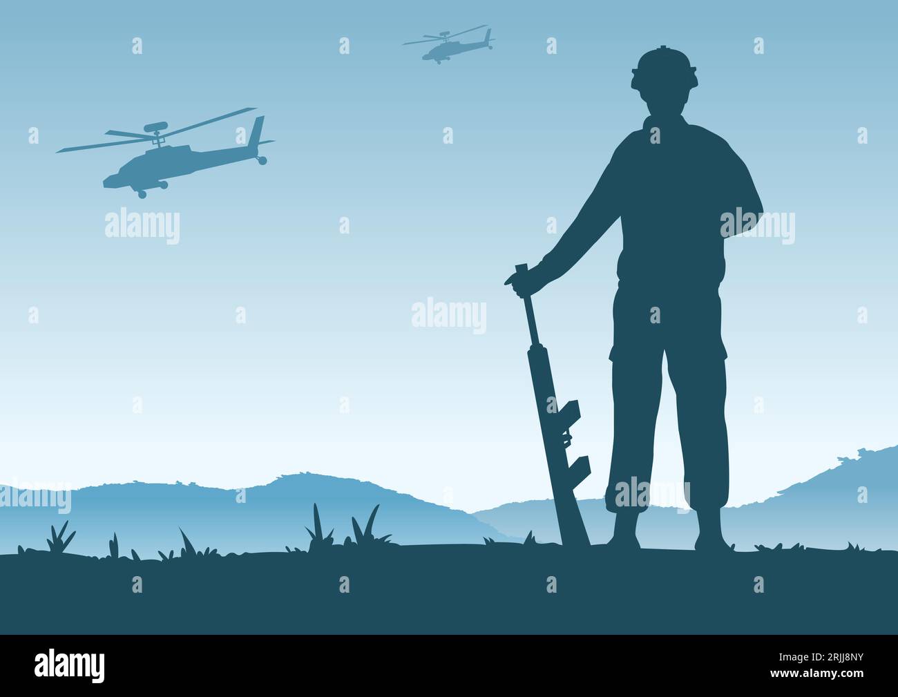 Background of war in situation of soldier standing and hold gun to ...