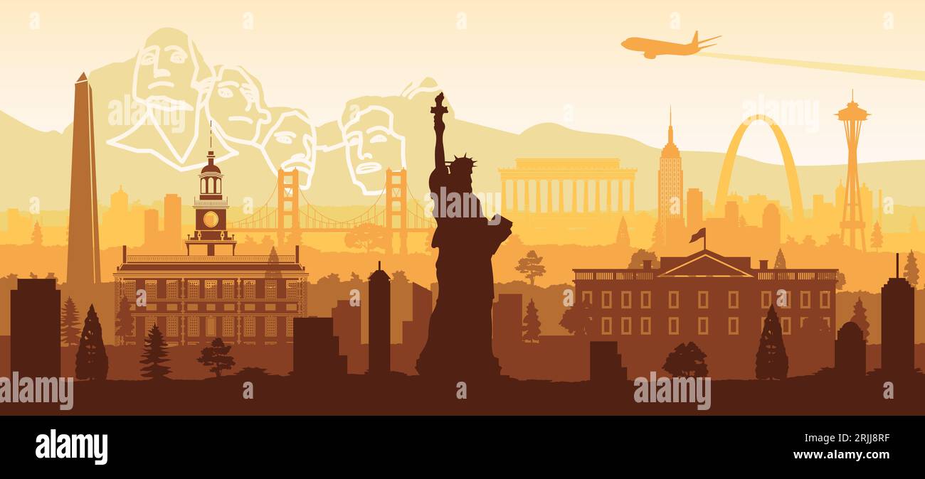 USA famous landmarks silhouette style with yellow and white color ...