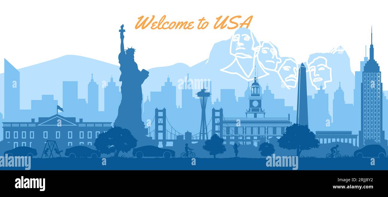 usa famous landmarks silhouette style with blue and white color,vector ...