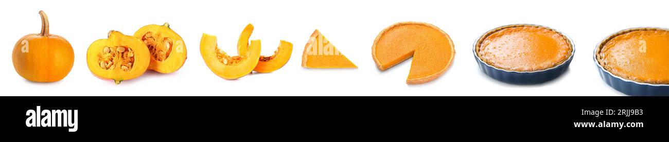 Set of tasty pumpkins and pies on white background Stock Photo - Alamy