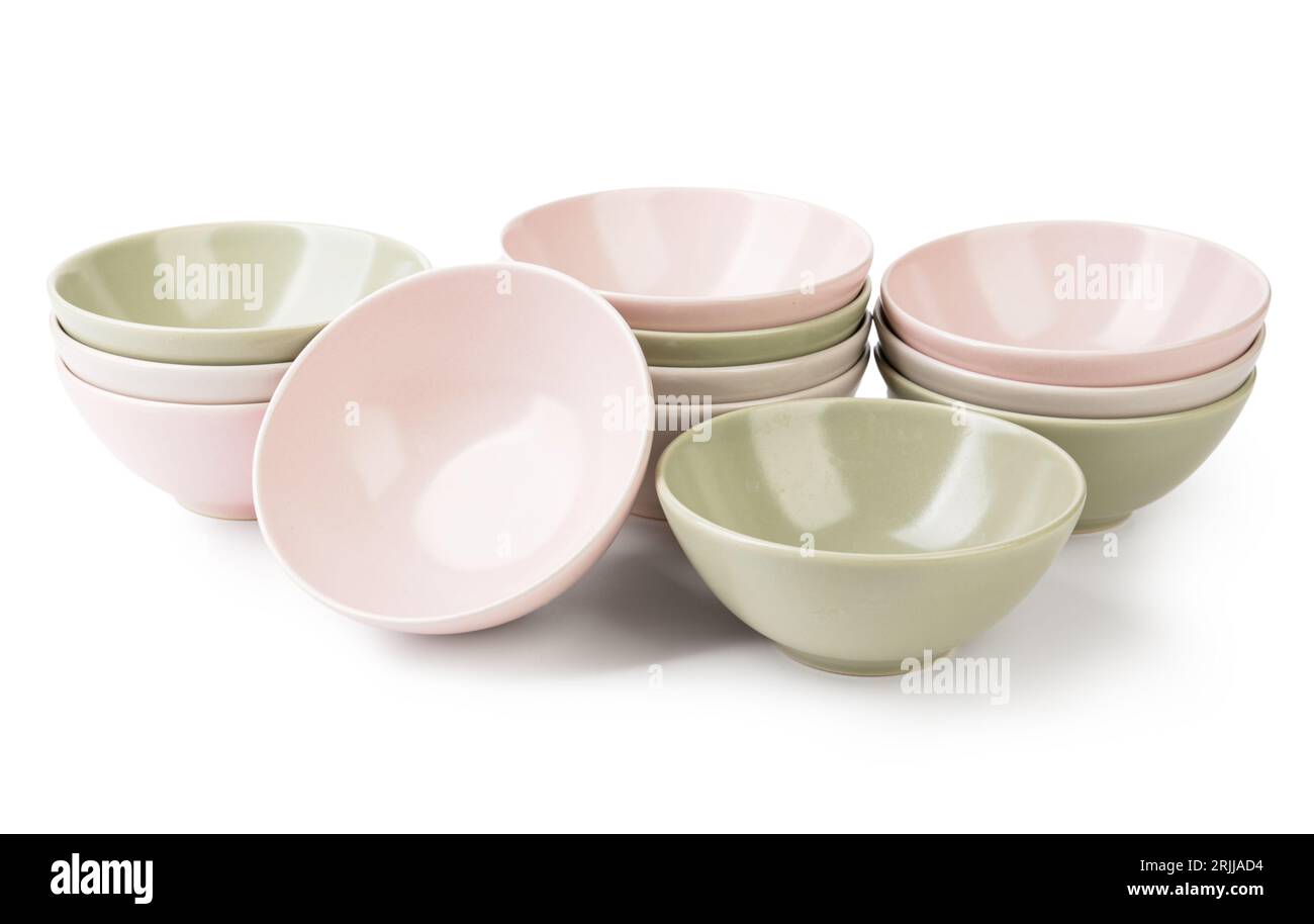 Set of color bowls on white background Stock Photo - Alamy