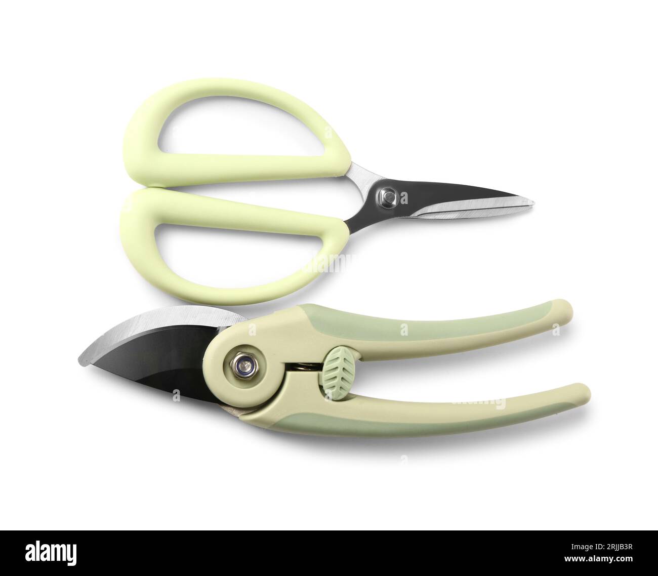 Floral scissors and secateurs with green handle on white background ...