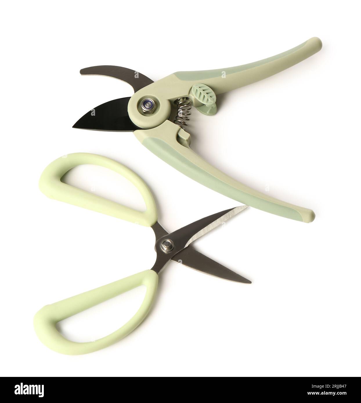 Floral scissors and secateurs with green handle on white background ...