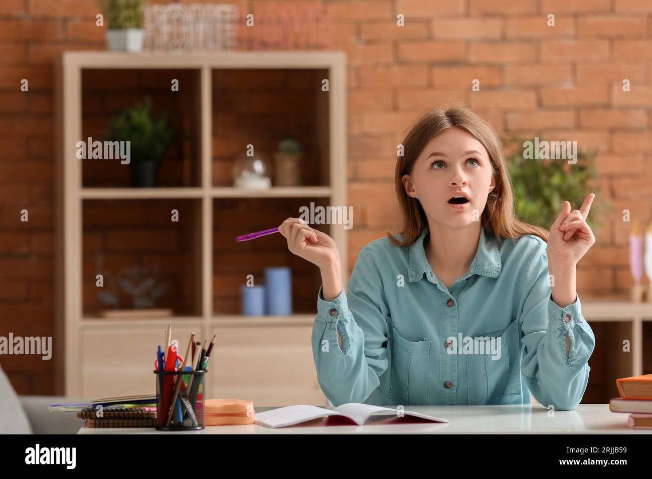 Teenage girl doing lessons at home Stock Photo - Alamy