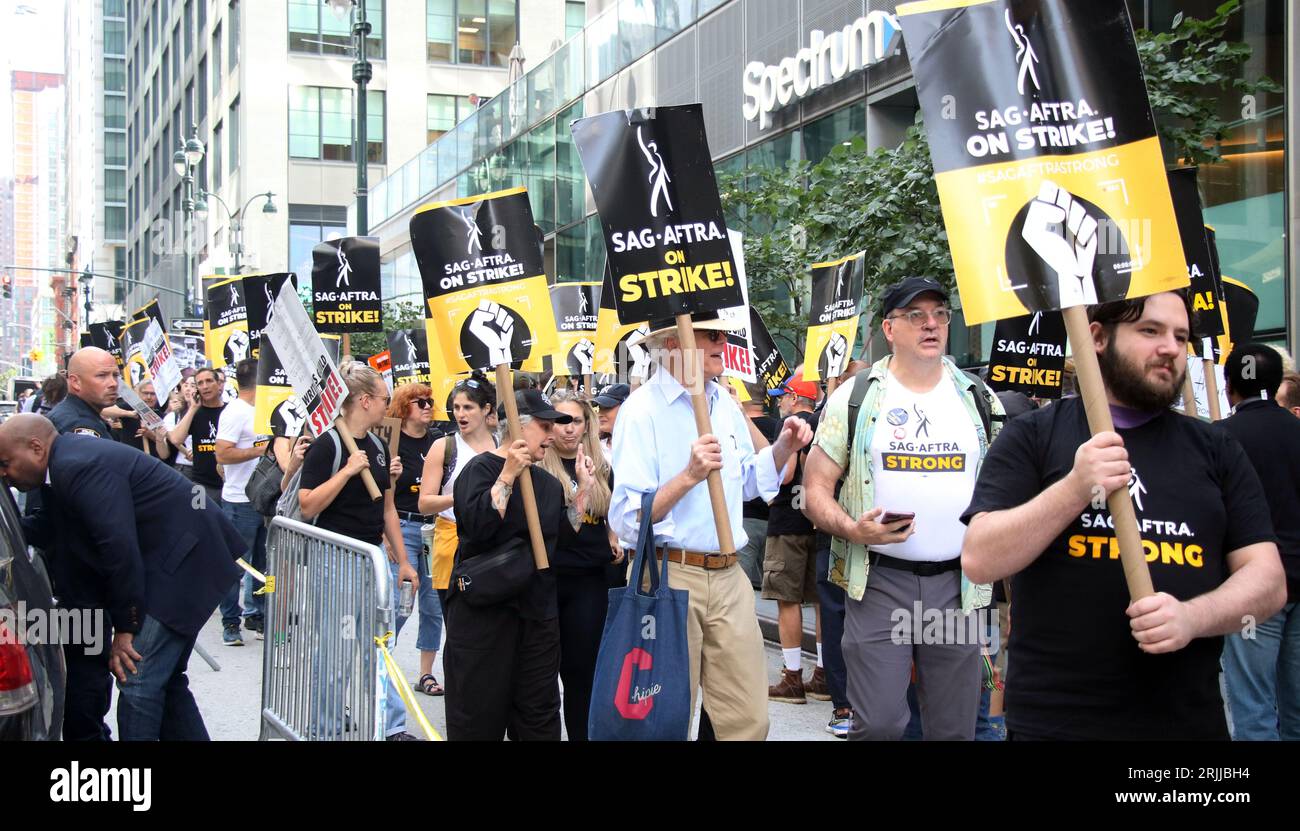 New York, NY, USA. 22nd Aug, 2023. Members of SAG-AFTRA, IATSE and the ...