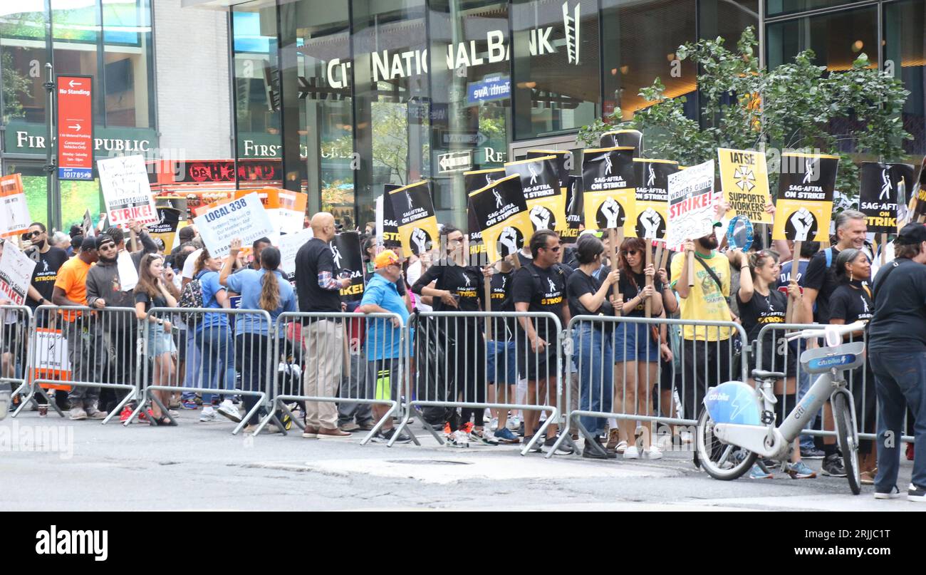 New York, NY, USA. 22nd Aug, 2023. Members of SAG-AFTRA, IATSE and the ...
