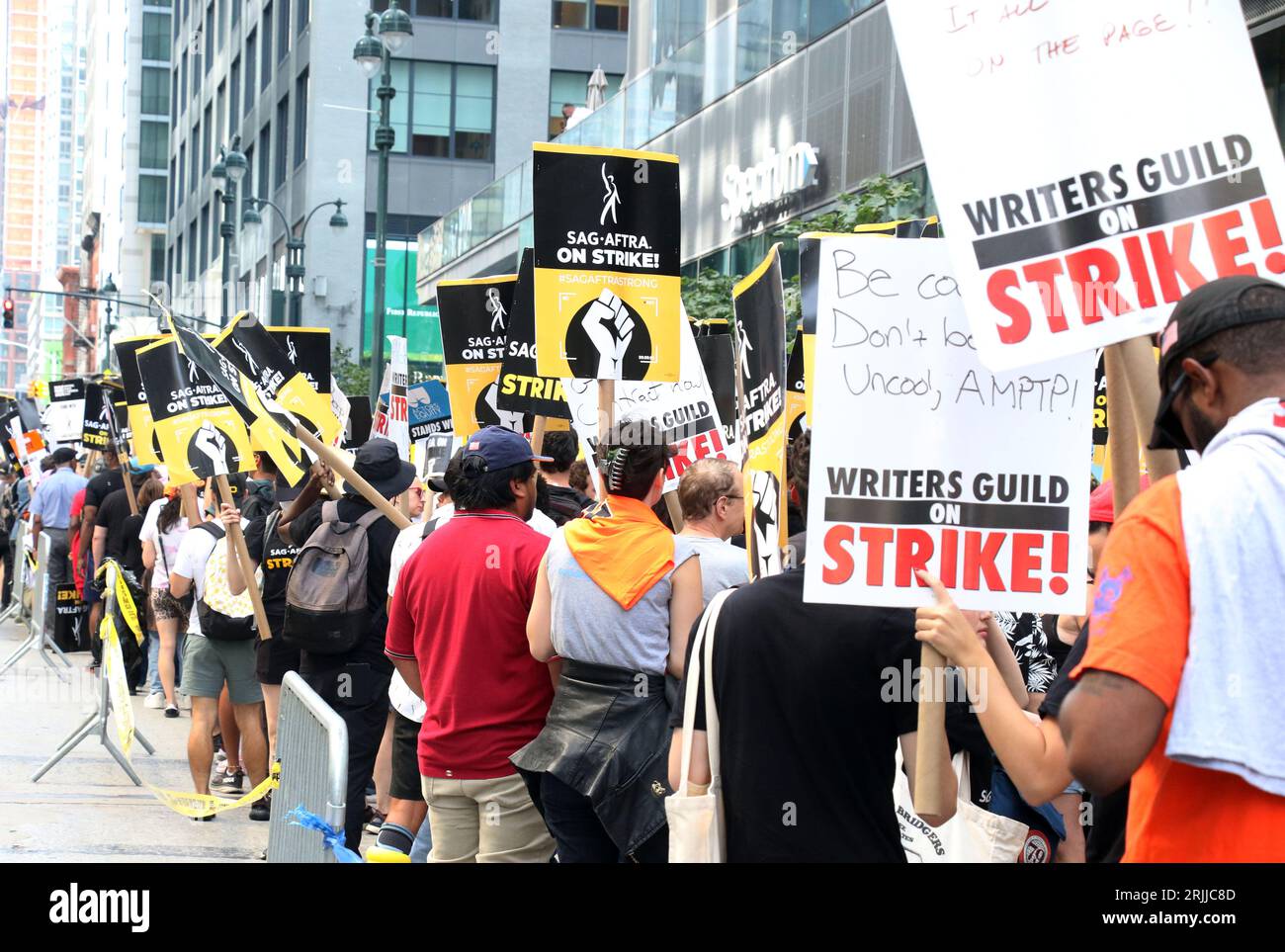 New York, NY, USA. 22nd Aug, 2023. Members of SAG-AFTRA, IATSE and the ...