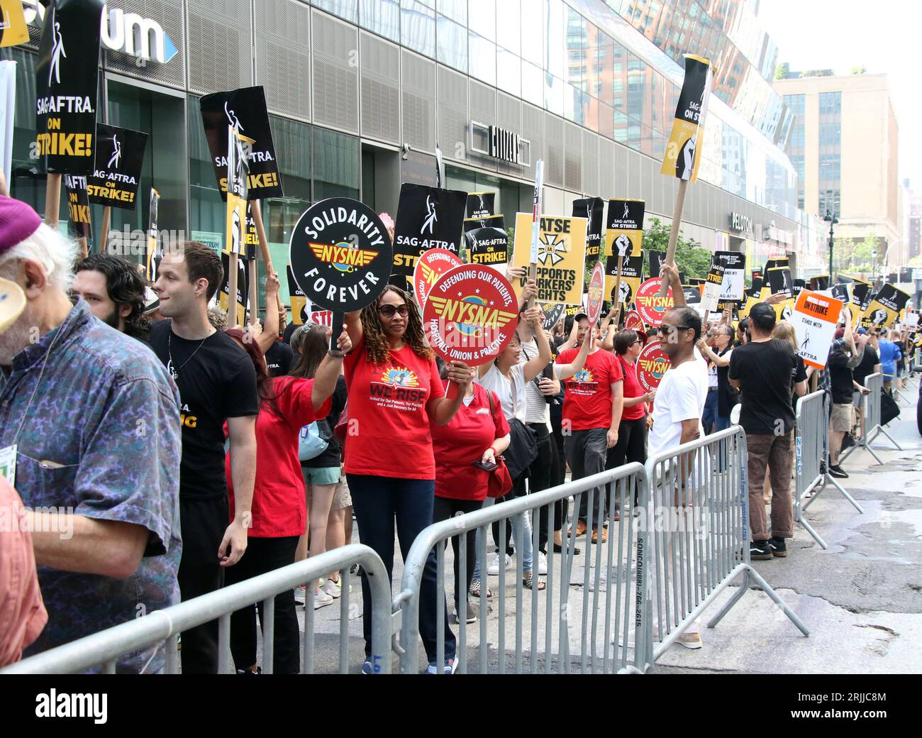 New York, NY, USA. 22nd Aug, 2023. Members of SAG-AFTRA, IATSE and the ...