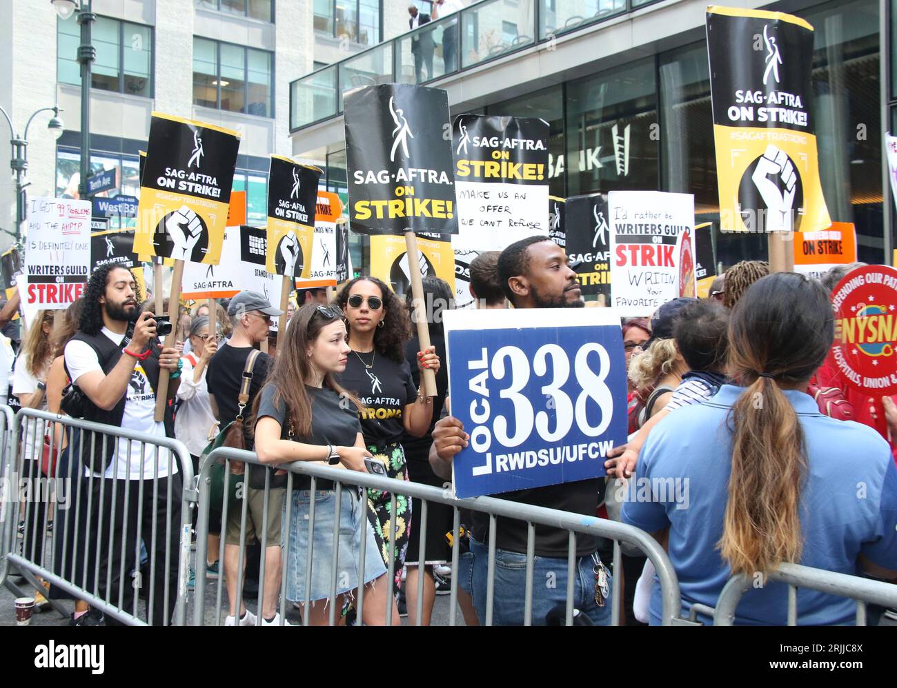 New York, NY, USA. 22nd Aug, 2023. Members of SAG-AFTRA, IATSE and the ...
