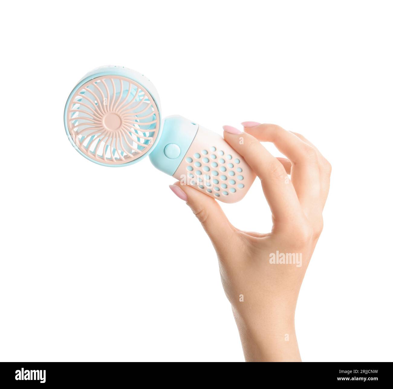Female hand with mini electric fan on white background Stock Photo - Alamy