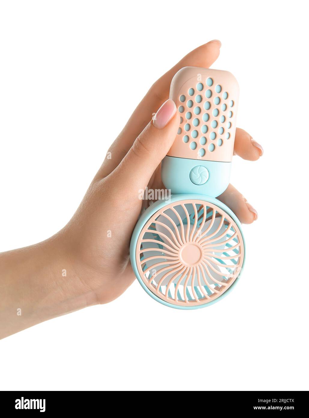 Female hand with mini electric fan on white background Stock Photo - Alamy