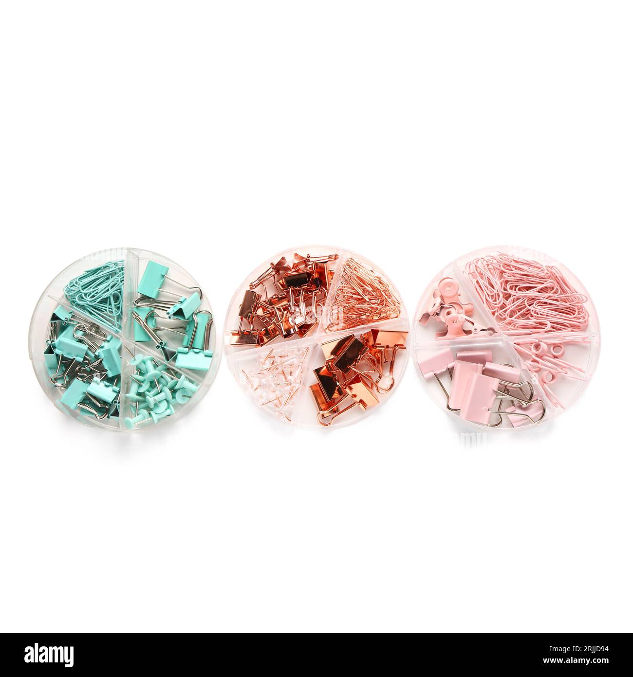 Sets of colorful paper clips, binders and pins on white background ...