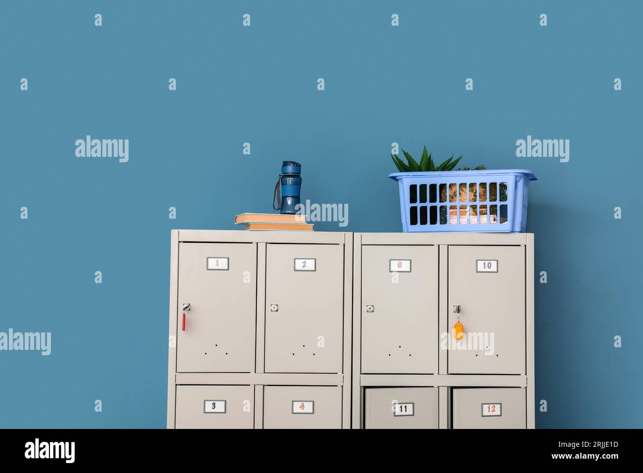 Modern locker with bottle of water and books near blue wall Stock Photo ...