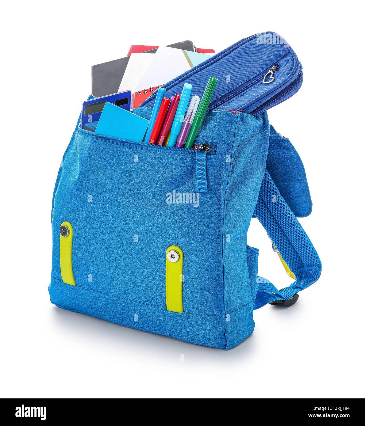Colorful school backpack with stationery isolated on white background ...
