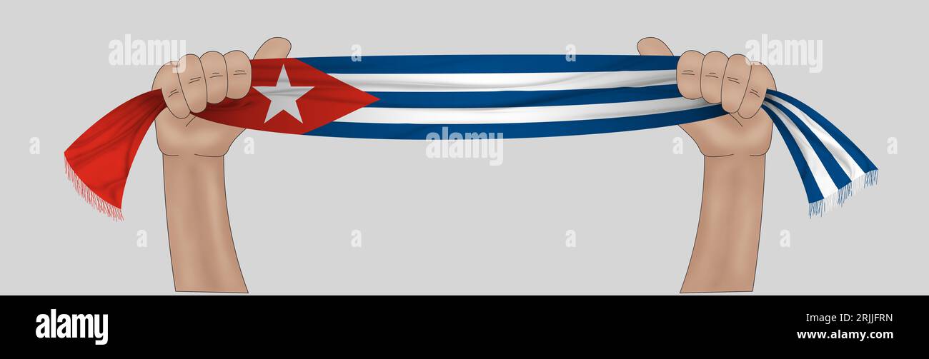3D illustration. Hand holding flag of Cuba on a fabric ribbon ...