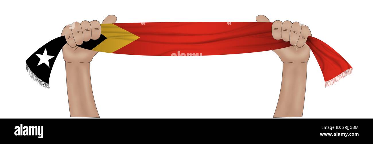 3D illustration. Hand holding flag of East Timor on a fabric ribbon ...