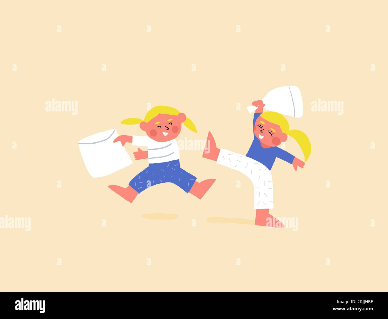 Cute illustration of children playing pillows. Siblings playing ...