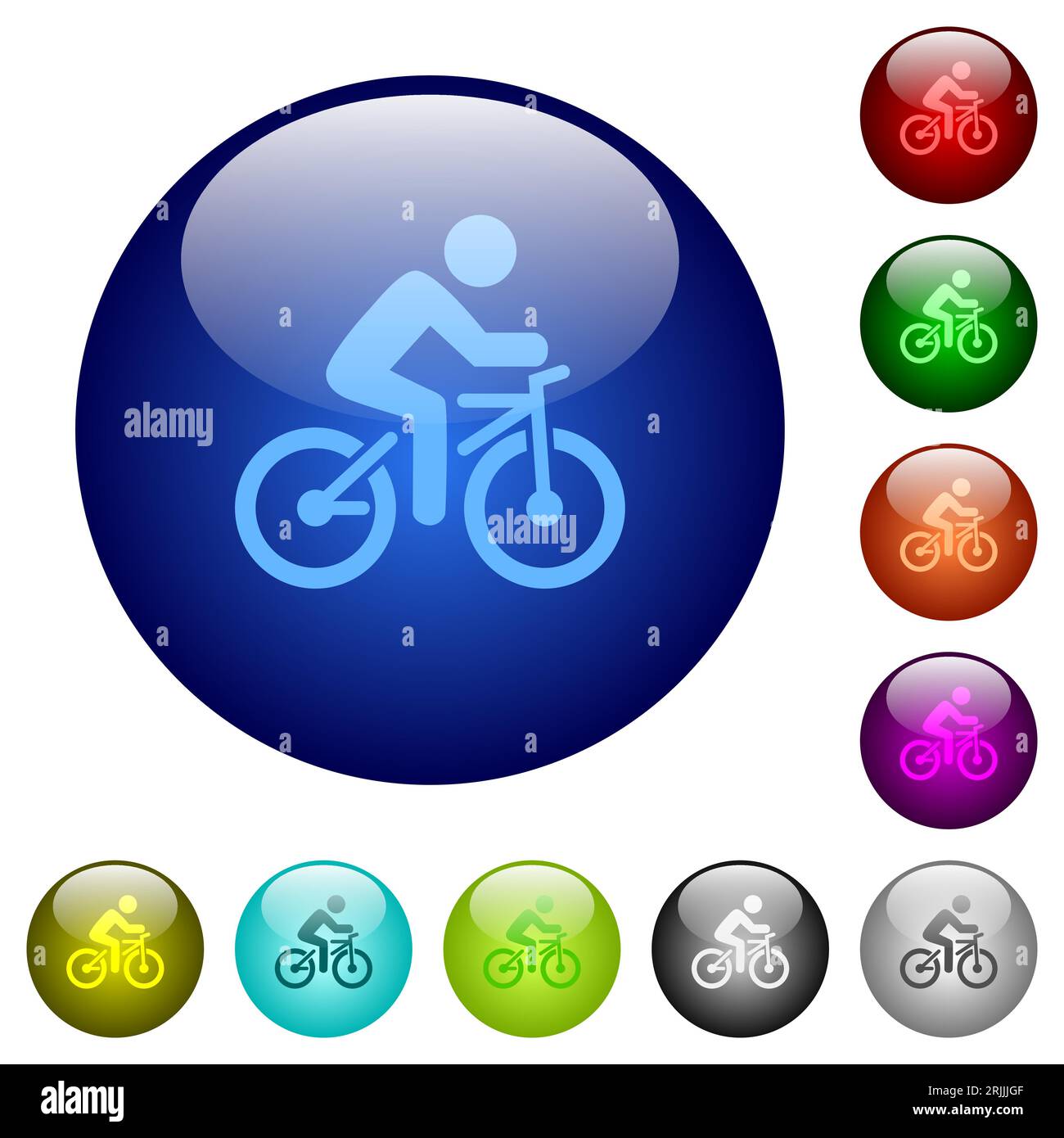 Bicycle with rider icons on round glass buttons in multiple colors ...