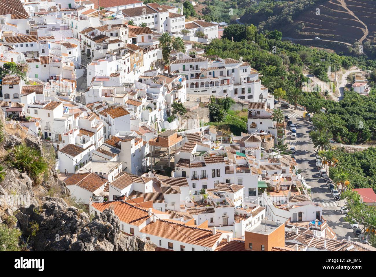A Beautiful aerial views over the white village of Frigiliana, one of ...