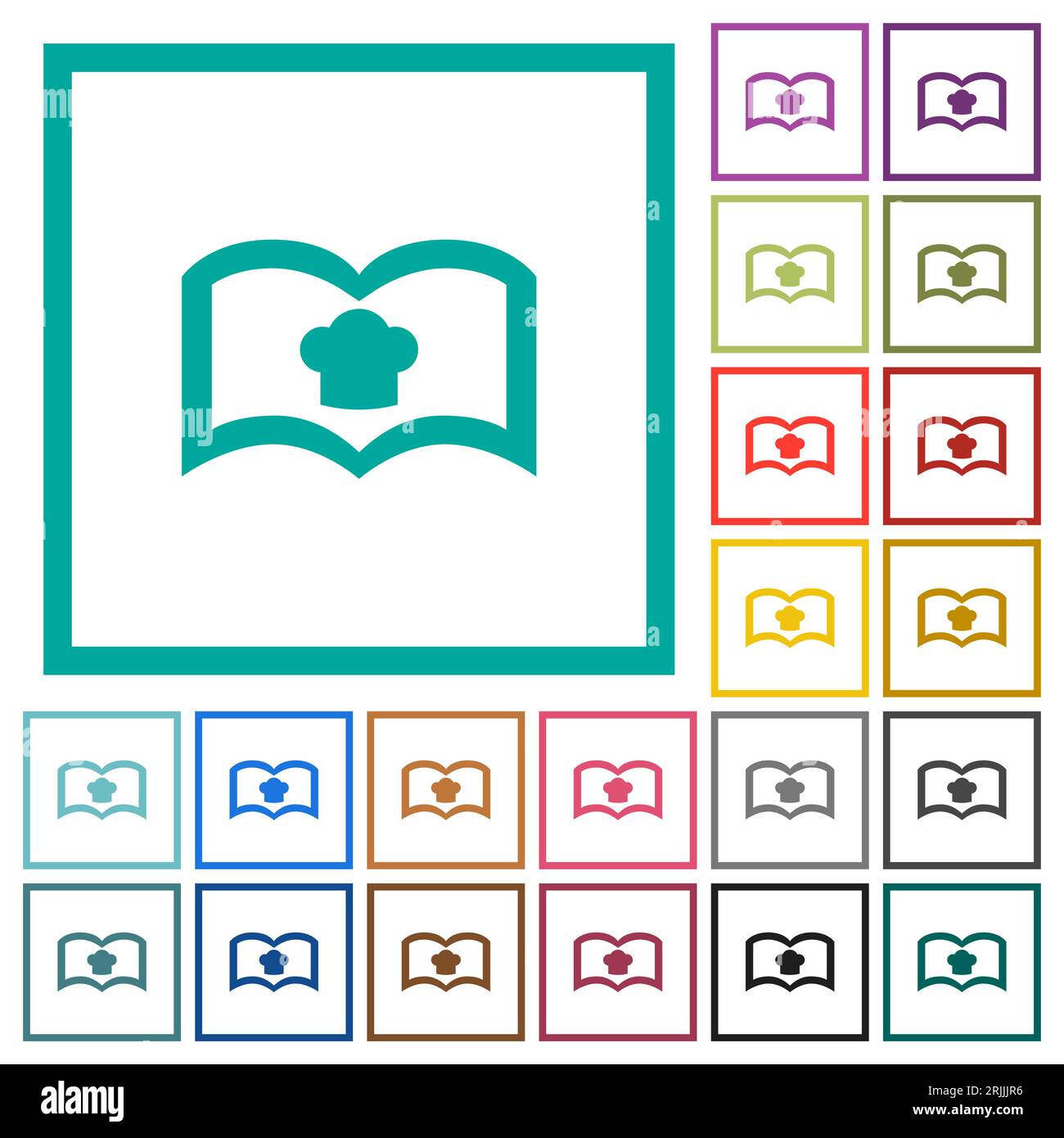 cookbook with chef hat flat color icons with quadrant frames on white ...