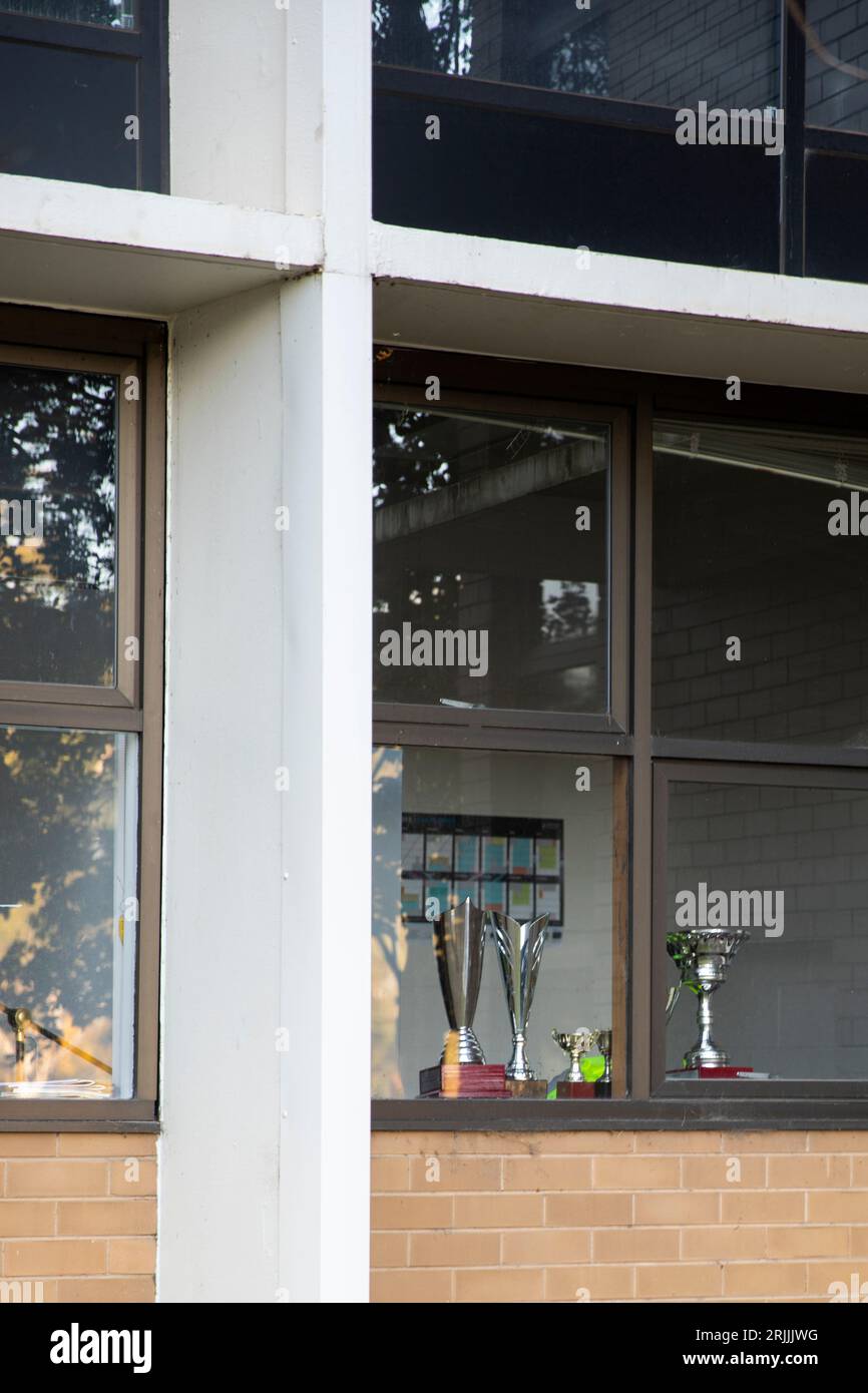 Personal trophies and accolades are neatly positioned on an open window ...