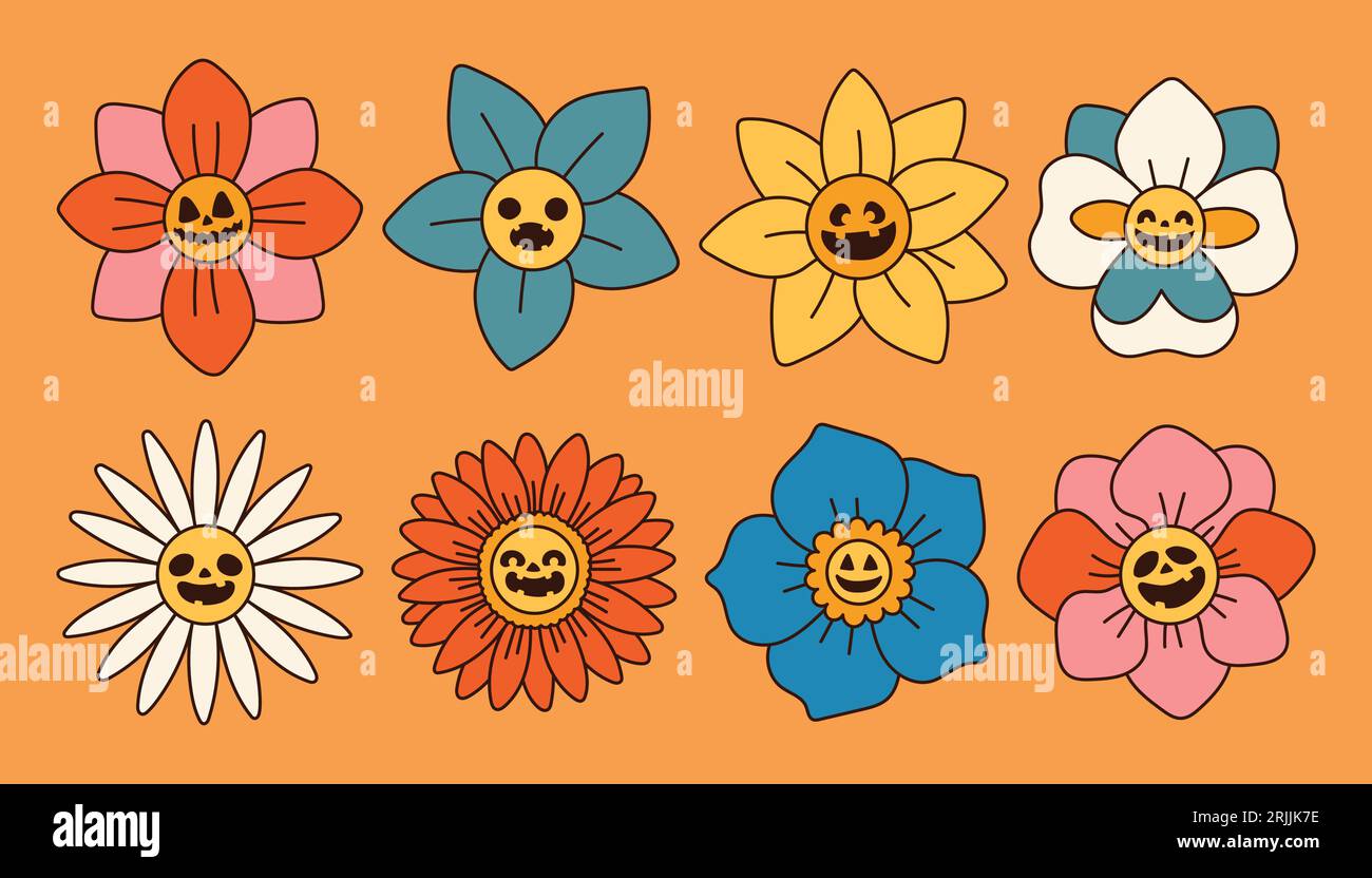 Retro 60s 70s Strange Spooky jack o lantern daisy flowers groovy vector ...