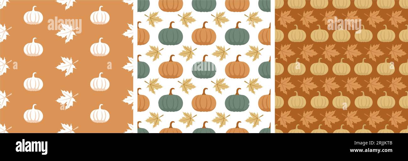Set of Autumn Season Seamless Pattern Design with Fall Elements in ...