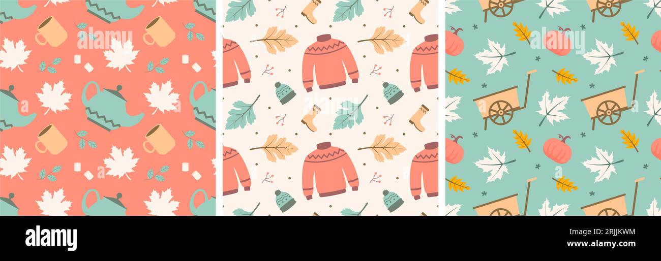 Set of Autumn Season Seamless Pattern Design with Fall Elements in ...