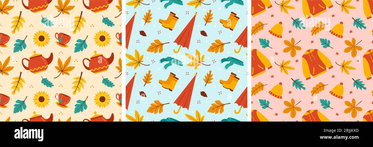 Set of Autumn Season Seamless Pattern Design with Fall Elements in ...