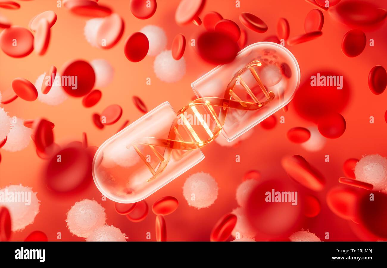 Capsule and blood cells, 3d rendering. Digital drawing Stock Photo - Alamy