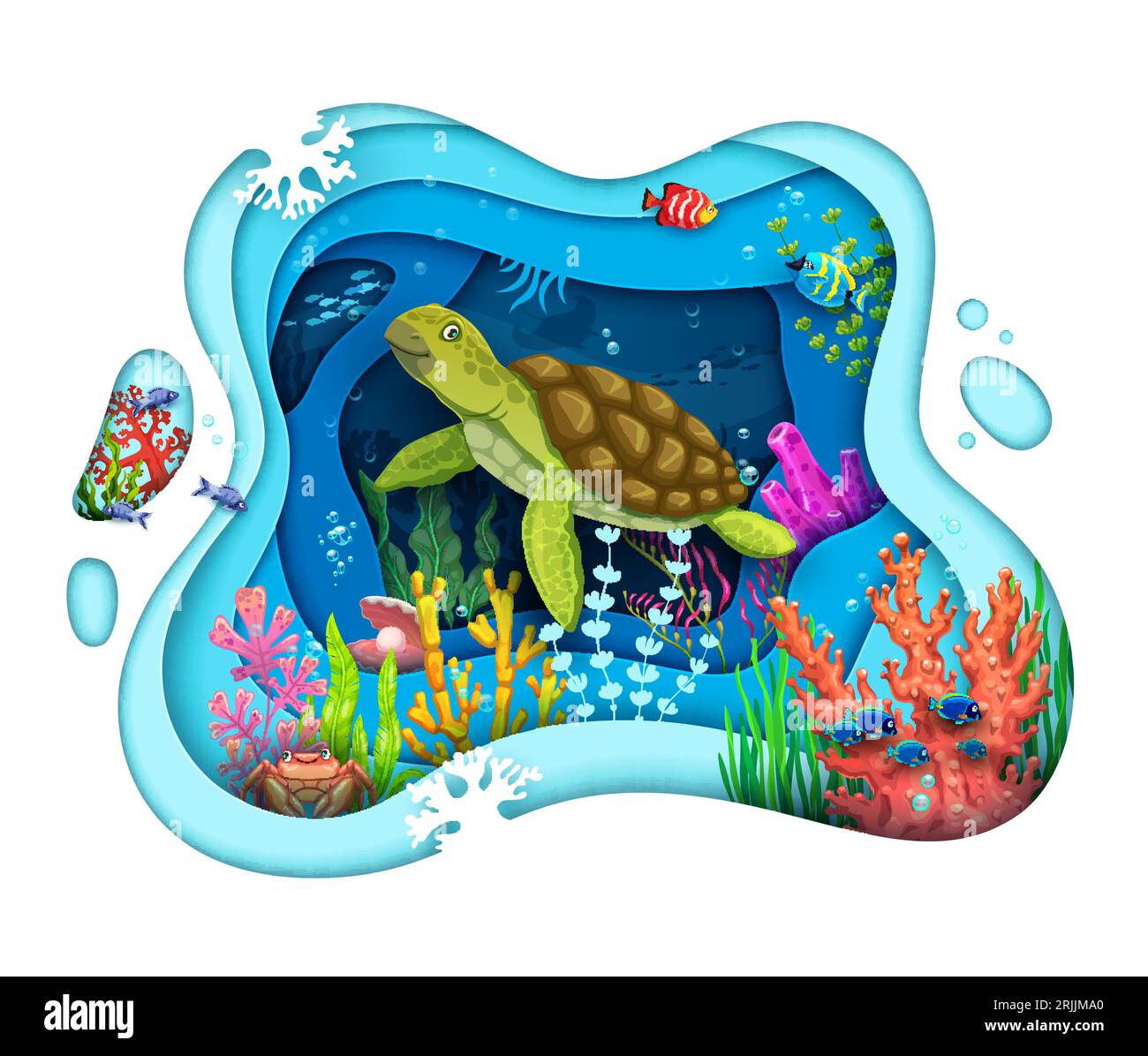 Cartoon turtle on paper cut sea underwater landscape, vector undersea ...